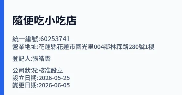 隨便吃小吃店的照片-統編 60253741(花蓮縣) 公司登記資料與營業項目詳細圖表