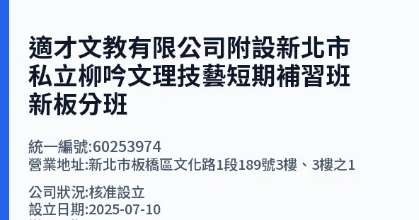 適才文教有限公司附設新北市私立柳吟文理技藝短期補習班新板分班的照片-統編 60253974(新北市) 公司登記資料與營業項目詳細圖表