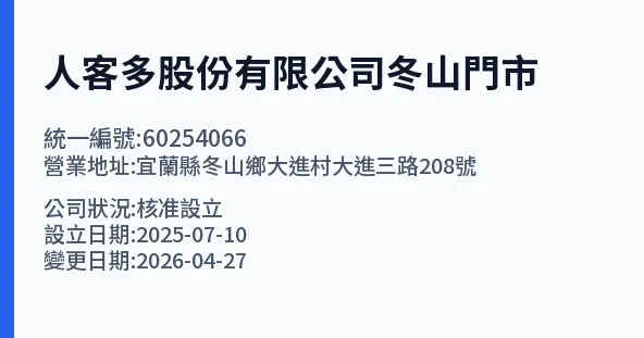 人客多股份有限公司冬山門市的照片-統編 60254066(宜蘭縣) 公司登記資料與營業項目詳細圖表