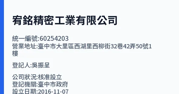 宥銘精密工業有限公司的照片-統編 60254203(臺中市) 公司登記資料與營業項目詳細圖表