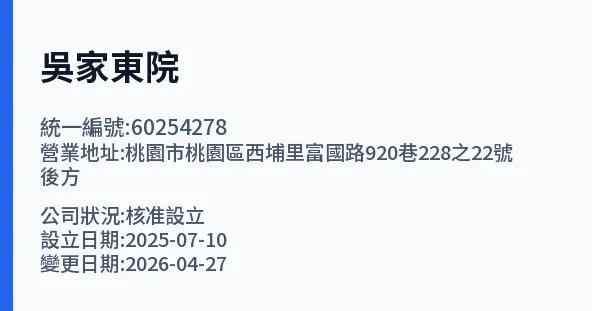 吳家東院的照片-統編 60254278(桃園市) 公司登記資料與營業項目詳細圖表
