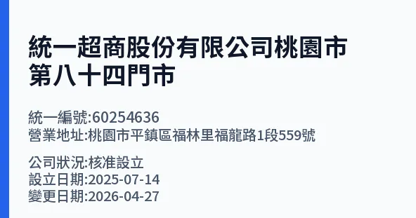 統一超商股份有限公司桃園市第八十四門市的照片-統編 60254636(桃園市) 公司登記資料與營業項目詳細圖表