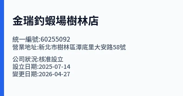 金瑞釣蝦場樹林店的照片-統編 60255092(新北市) 公司登記資料與營業項目詳細圖表