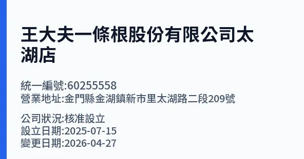 王大夫一條根股份有限公司太湖店的照片-統編 60255558(金門縣) 公司登記資料與營業項目詳細圖表