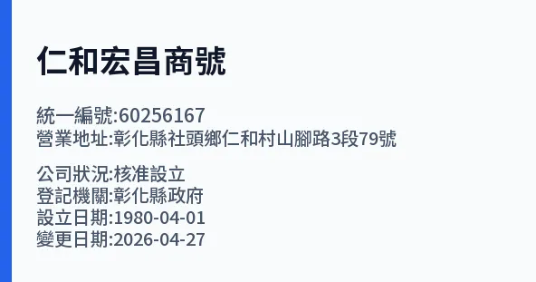 仁和宏昌商號的照片-統編 60256167(彰化縣) 公司登記資料與營業項目詳細圖表