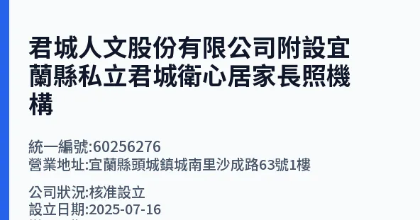 君城人文股份有限公司附設宜蘭縣私立君城衛心居家長照機構的照片-統編 60256276(宜蘭縣) 公司登記資料與營業項目詳細圖表