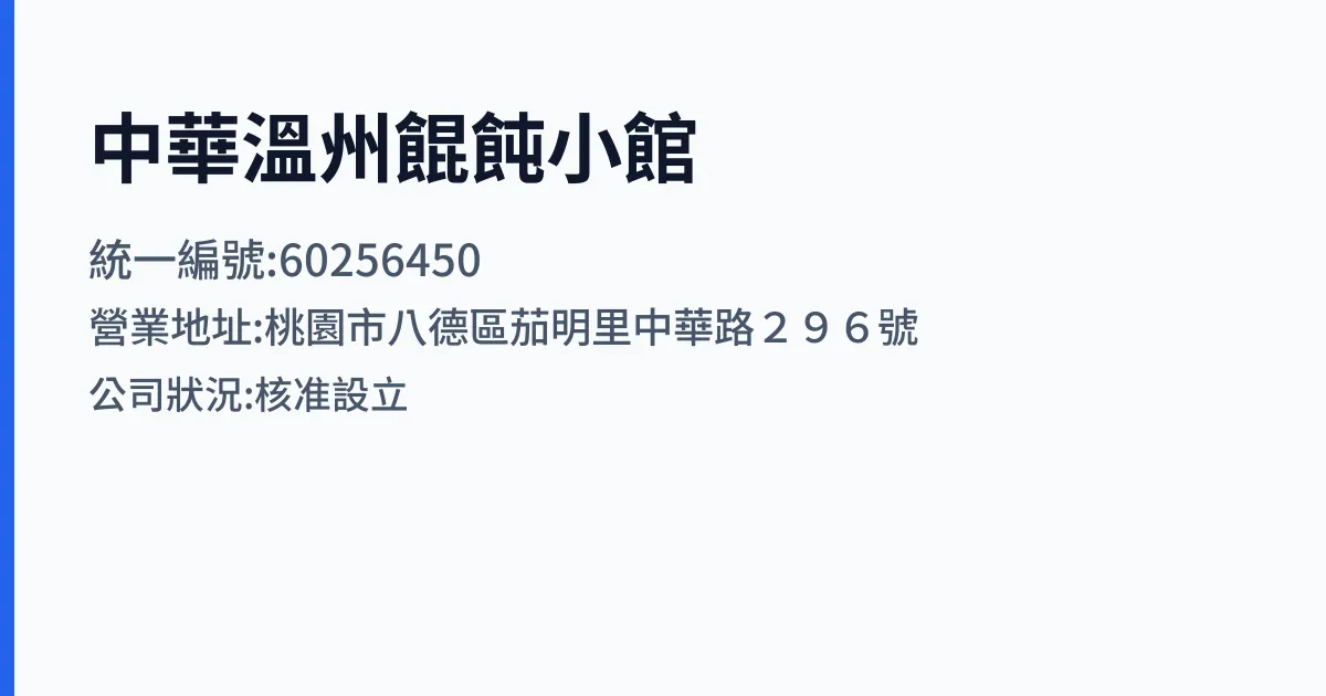 中華溫州餛飩小館 - 統編 60256450(桃園市) 公司登記資料與營業項目詳細圖表