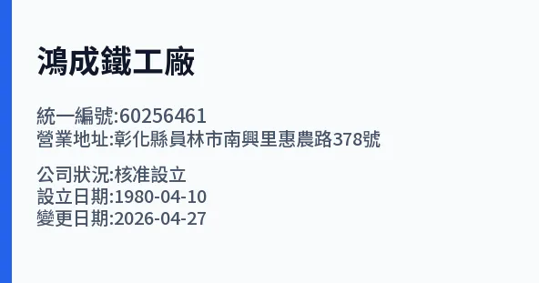鴻成鐵工廠的照片-統編 60256461(彰化縣) 公司登記資料與營業項目詳細圖表