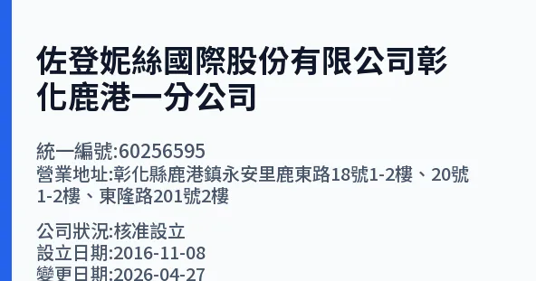 佐登妮絲國際股份有限公司彰化鹿港一分公司的照片-統編 60256595(彰化縣) 公司登記資料與營業項目詳細圖表