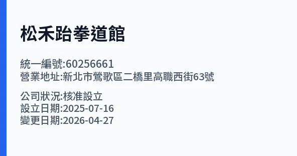 松禾跆拳道館的照片-統編 60256661(新北市) 公司登記資料與營業項目詳細圖表