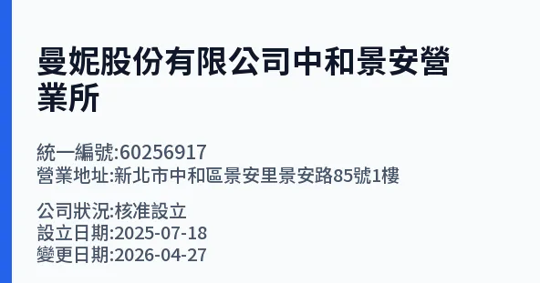 曼妮股份有限公司中和景安營業所的照片-統編 60256917(新北市) 公司登記資料與營業項目詳細圖表