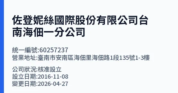 佐登妮絲國際股份有限公司台南海佃一分公司的照片-統編 60257237(臺南市) 公司登記資料與營業項目詳細圖表