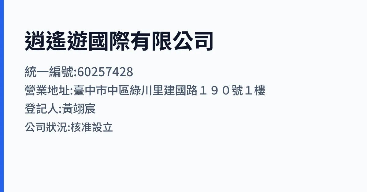 逍遙遊國際有限公司 - 統編 60257428(臺中市) 公司登記資料與營業項目詳細圖表
