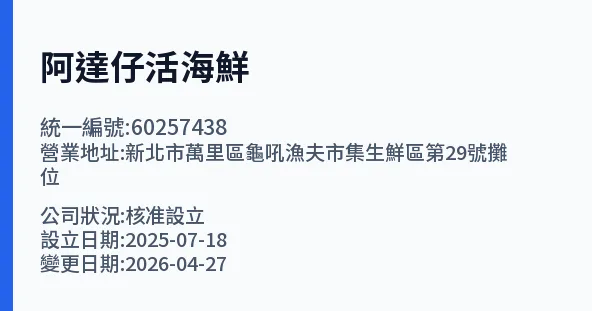 阿達仔活海鮮的照片-統編 60257438(新北市) 公司登記資料與營業項目詳細圖表