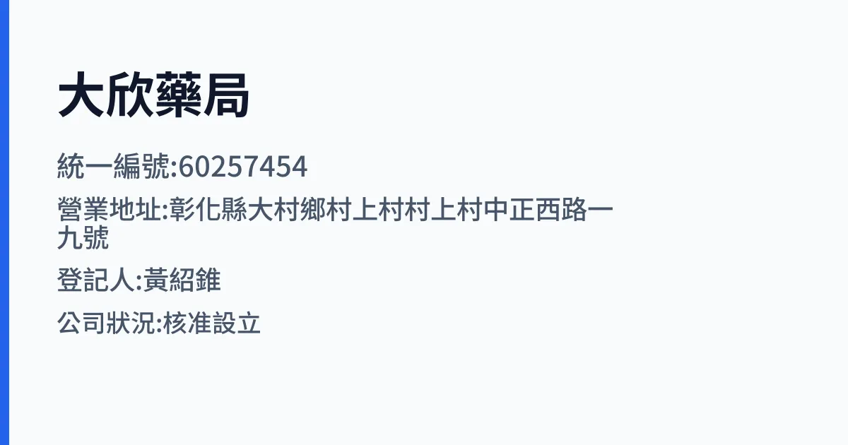 大欣藥局 - 統編 60257454(彰化縣) 公司登記資料與營業項目詳細圖表