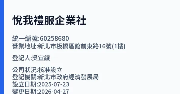 悅我禮服企業社的照片-統編 60258680(新北市) 公司登記資料與營業項目詳細圖表