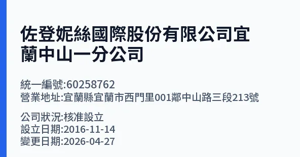 佐登妮絲國際股份有限公司宜蘭中山一分公司的照片-統編 60258762(宜蘭縣) 公司登記資料與營業項目詳細圖表