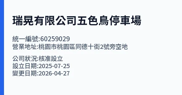 瑞晃有限公司五色鳥停車場的照片-統編 60259029(桃園市) 公司登記資料與營業項目詳細圖表