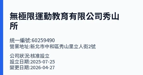 無極限運動教育有限公司秀山所的照片-統編 60259490(新北市) 公司登記資料與營業項目詳細圖表