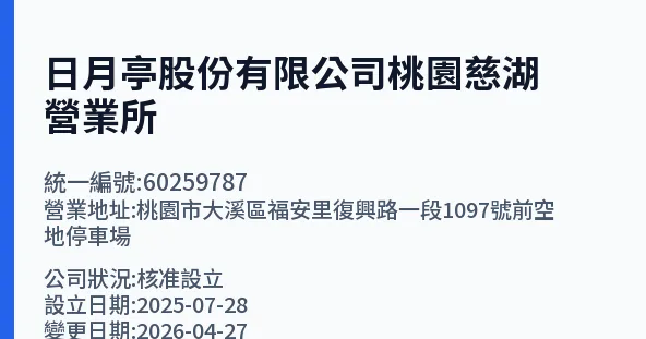 日月亭股份有限公司桃園慈湖營業所的照片-統編 60259787(桃園市) 公司登記資料與營業項目詳細圖表