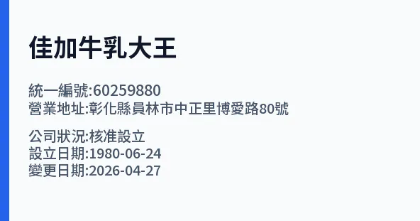佳加牛乳大王的照片-統編 60259880(彰化縣) 公司登記資料與營業項目詳細圖表