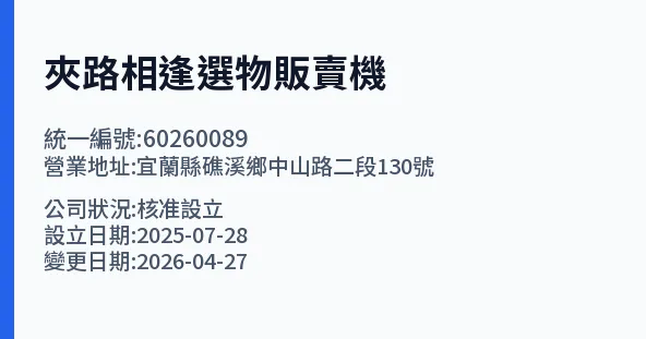 夾路相逢選物販賣機的照片-統編 60260089(宜蘭縣) 公司登記資料與營業項目詳細圖表