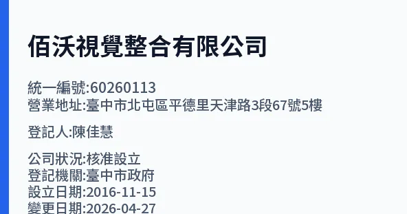 佰沃視覺整合有限公司的照片-統編 60260113(臺中市) 公司登記資料與營業項目詳細圖表