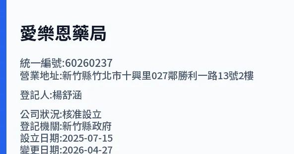 愛樂恩藥局的照片-統編 60260237(新竹縣) 公司登記資料與營業項目詳細圖表