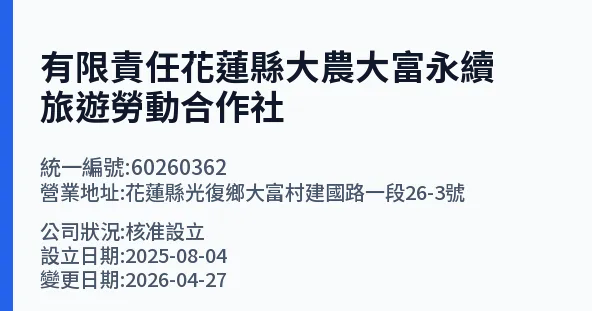 有限責任花蓮縣大農大富永續旅遊勞動合作社的照片-統編 60260362(花蓮縣) 公司登記資料與營業項目詳細圖表