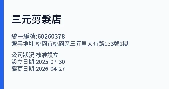 三元剪髮店的照片-統編 60260378(桃園市) 公司登記資料與營業項目詳細圖表