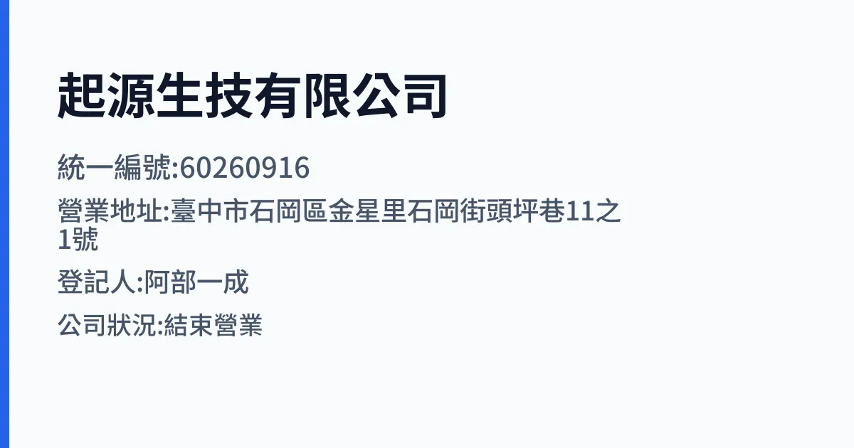 起源生技有限公司 - 統編 60260916(臺中市) 公司登記資料與營業項目詳細圖表