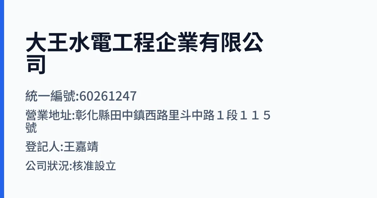 大王水電工程企業有限公司 - 統編 60261247(彰化縣) 公司登記資料與營業項目詳細圖表
