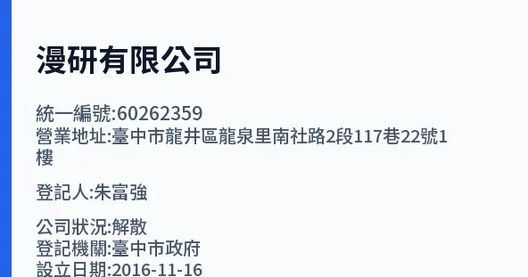漫研有限公司的照片-統編 60262359(臺中市) 公司登記資料與營業項目詳細圖表