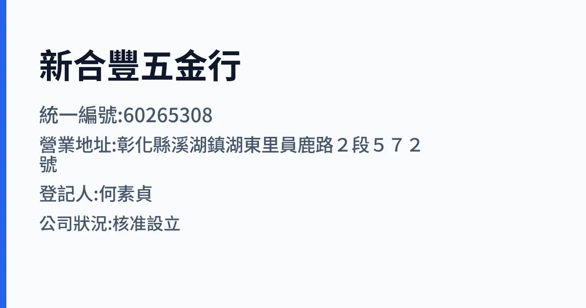新合豐五金行 - 統編 60265308(彰化縣) 公司登記資料與營業項目詳細圖表