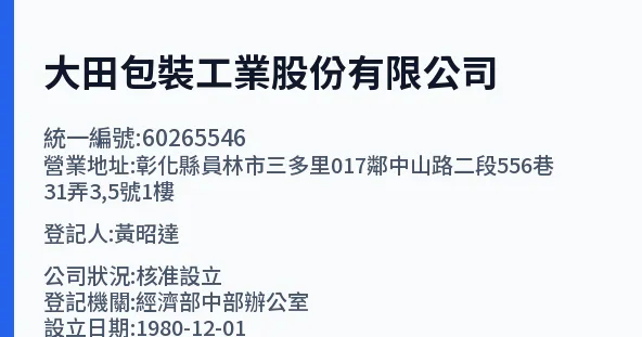 大田包裝工業股份有限公司的照片-統編 60265546(彰化縣) 公司登記資料與營業項目詳細圖表