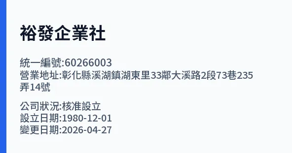 裕發企業社的照片-統編 60266003(彰化縣) 公司登記資料與營業項目詳細圖表