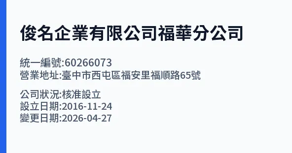 俊名企業有限公司福華分公司的照片-統編 60266073(臺中市) 公司登記資料與營業項目詳細圖表
