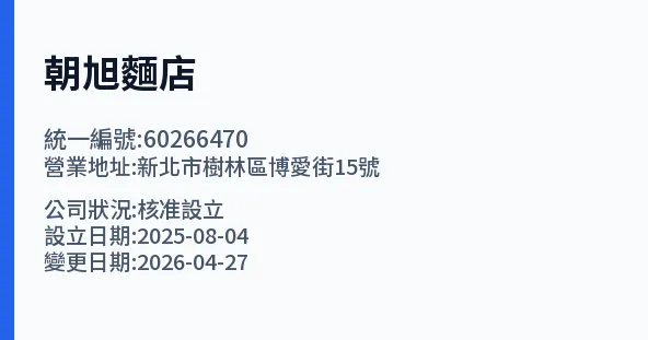 朝旭麵店的照片-統編 60266470(新北市) 公司登記資料與營業項目詳細圖表