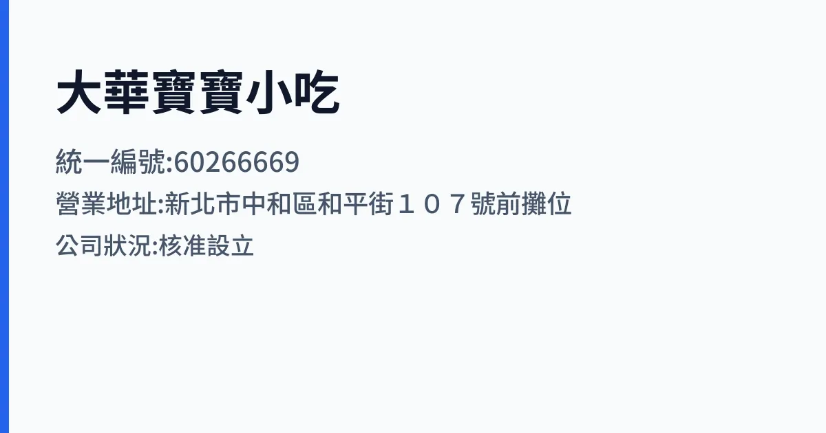 大華寶寶小吃 - 統編 60266669(新北市) 公司登記資料與營業項目詳細圖表