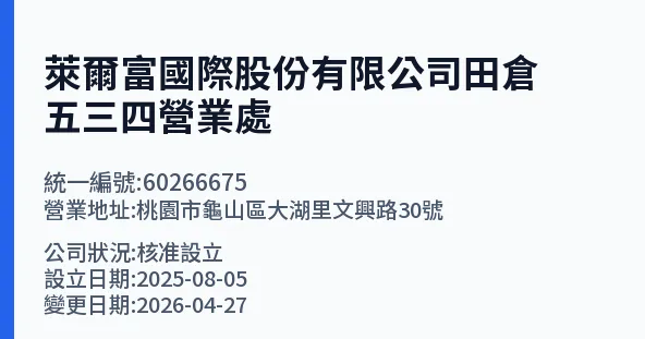 萊爾富國際股份有限公司田倉五三四營業處的照片-統編 60266675(桃園市) 公司登記資料與營業項目詳細圖表