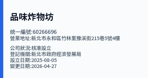 品味炸物坊的照片-統編 60266696(新北市) 公司登記資料與營業項目詳細圖表