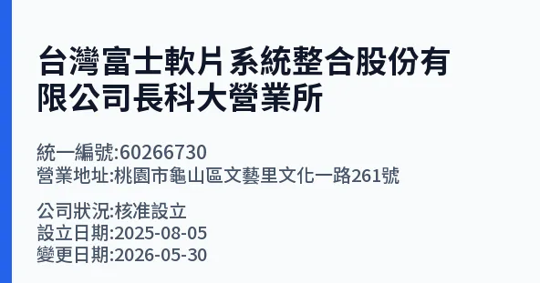 台灣富士軟片系統整合股份有限公司長科大營業所的照片-統編 60266730(桃園市) 公司登記資料與營業項目詳細圖表