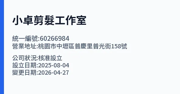 小卓剪髮工作室的照片-統編 60266984(桃園市) 公司登記資料與營業項目詳細圖表
