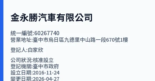 金永勝汽車有限公司的照片-統編 60267740(臺中市) 公司登記資料與營業項目詳細圖表