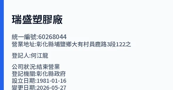 瑞盛塑膠廠的照片-統編 60268044(彰化縣) 公司登記資料與營業項目詳細圖表