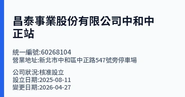 昌泰事業股份有限公司中和中正站的照片-統編 60268104(新北市) 公司登記資料與營業項目詳細圖表