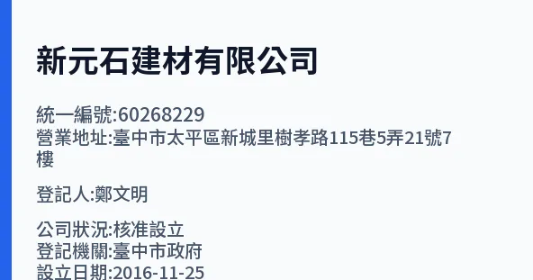 新元石建材有限公司的照片-統編 60268229(臺中市) 公司登記資料與營業項目詳細圖表