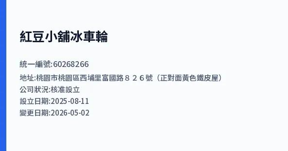 紅豆小舖冰車輪的照片-統編 60268266(桃園市) 公司登記資料與營業項目詳細圖表