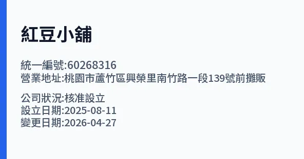 紅豆小舖的照片-統編 60268316(桃園市) 公司登記資料與營業項目詳細圖表