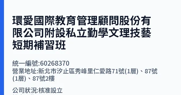 環愛國際教育管理顧問股份有限公司附設私立勤學文理技藝短期補習班的照片-統編 60268370(新北市) 公司登記資料與營業項目詳細圖表